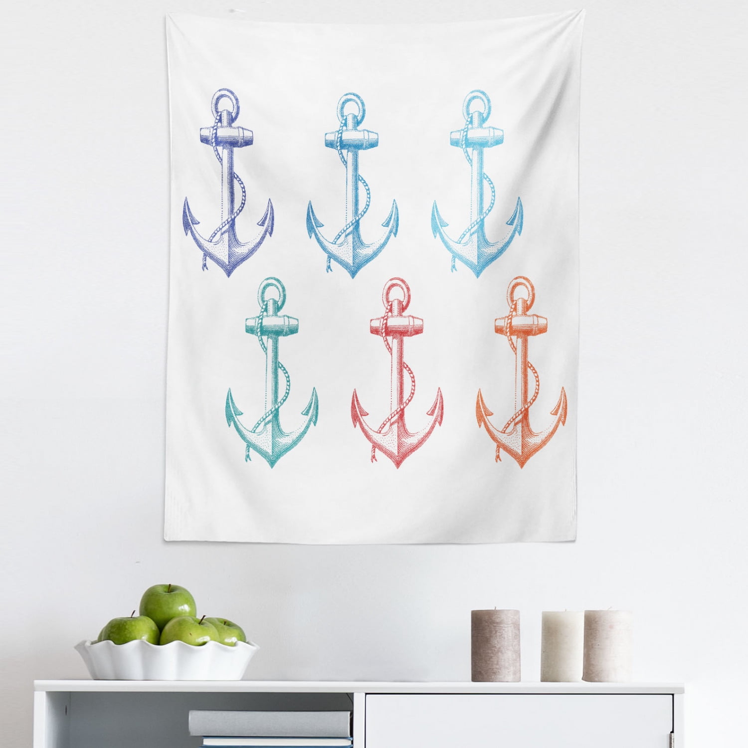 Nautical Tapestry, Colorful Anchors with Shapes Abstract Hand Drawn ...
