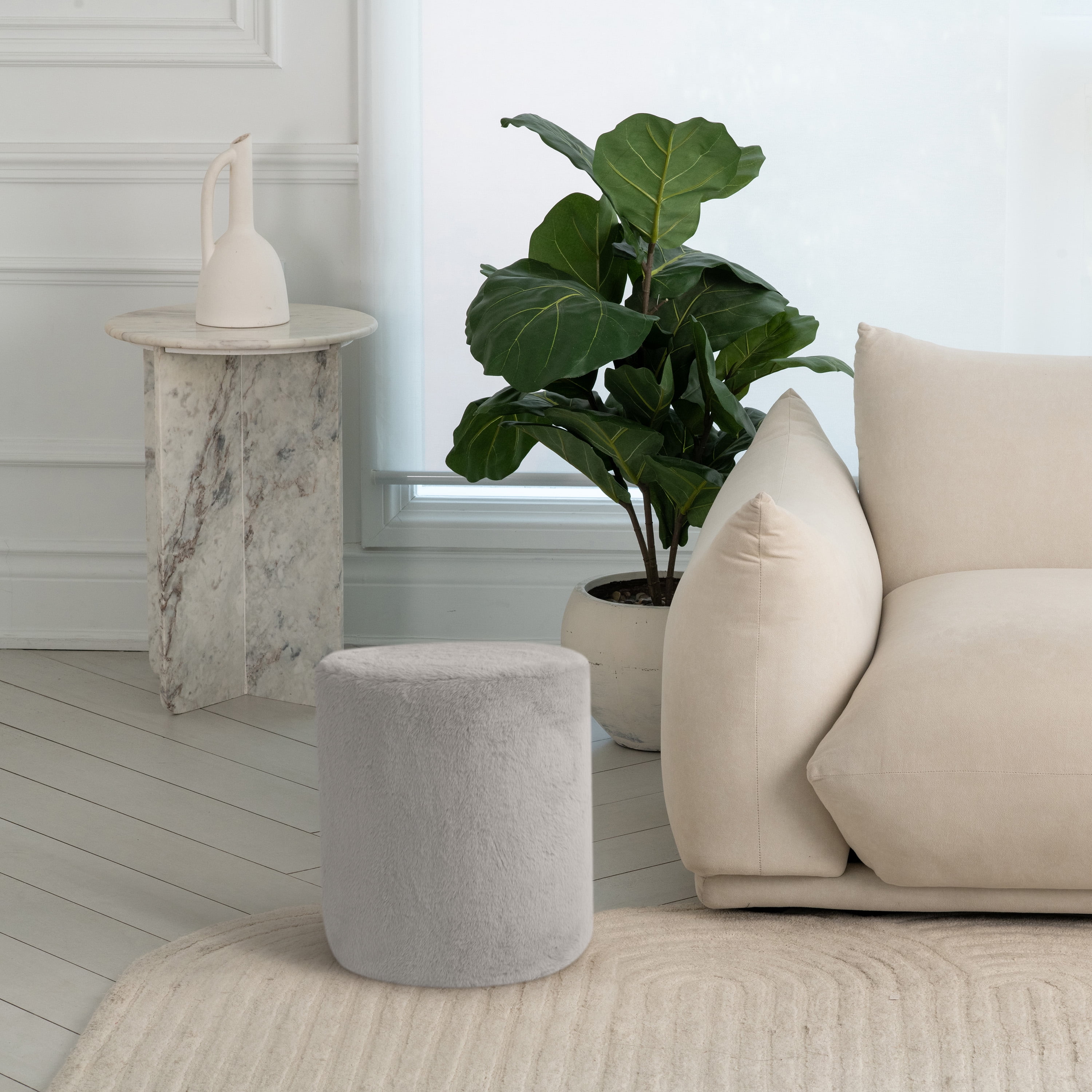 Round Ottoman Footstool, Soft Faux Fur Accent Stool for Living Room ...