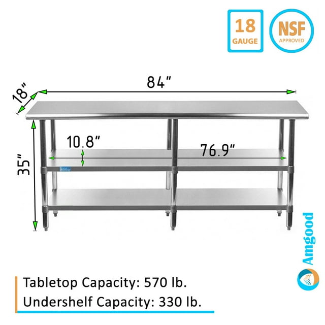 AmGood 84" Long x 18" Deep Stainless Steel Work Table with 2 Shelves ...