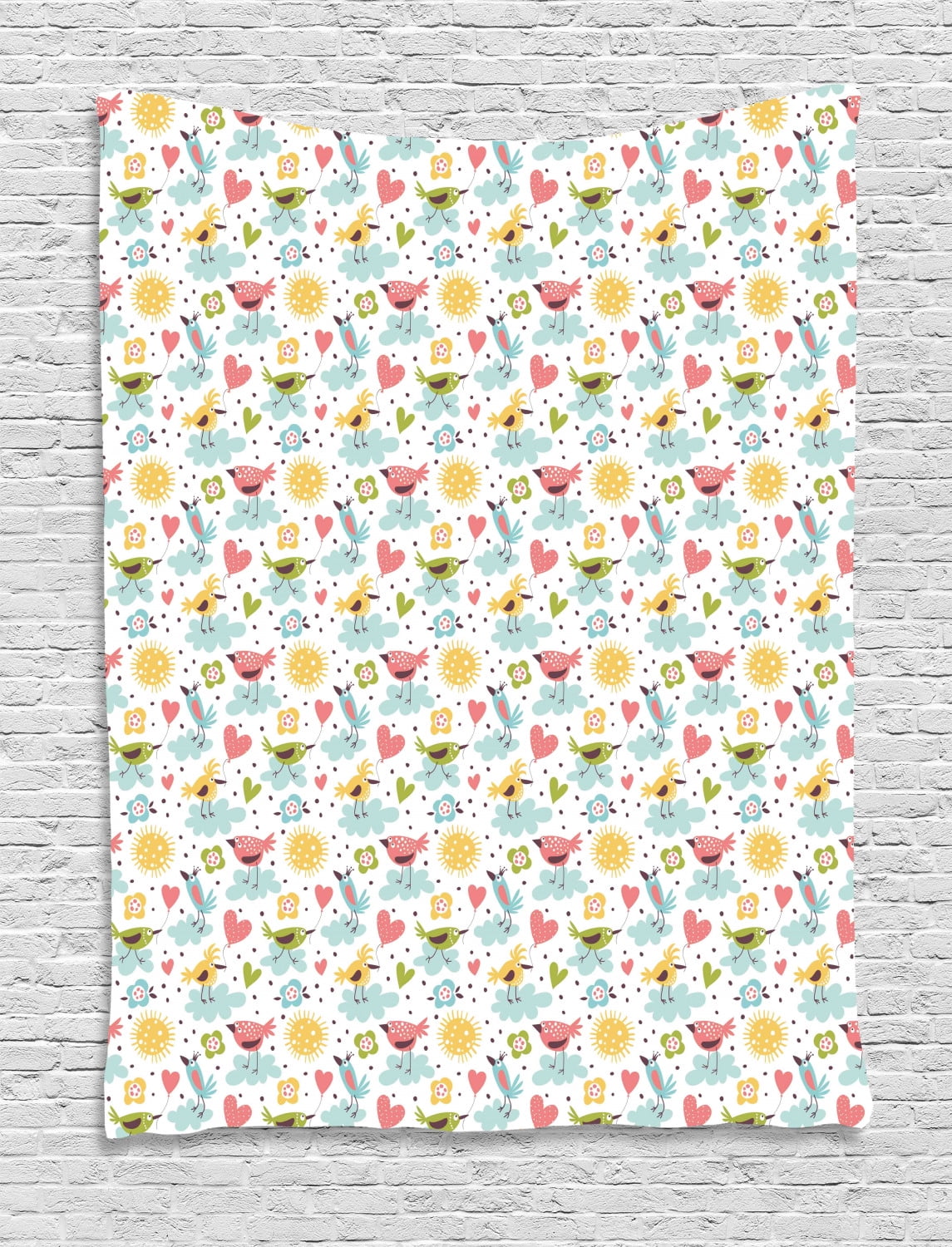 Nursery Tapestry, Doodle Pattern with Birds Clouds Heart Shaped ...