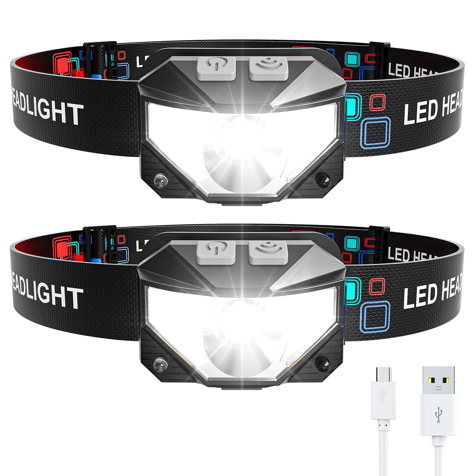 Headlamp Rechargeable, 2-Pack Head Lamp Outdoor LED Rechargeable, 1100 ...