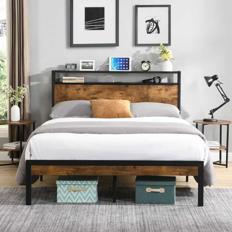 Clipeyh Industrial Metal Bed Frame High Profile Wooden Headboard Standard Bed Frame