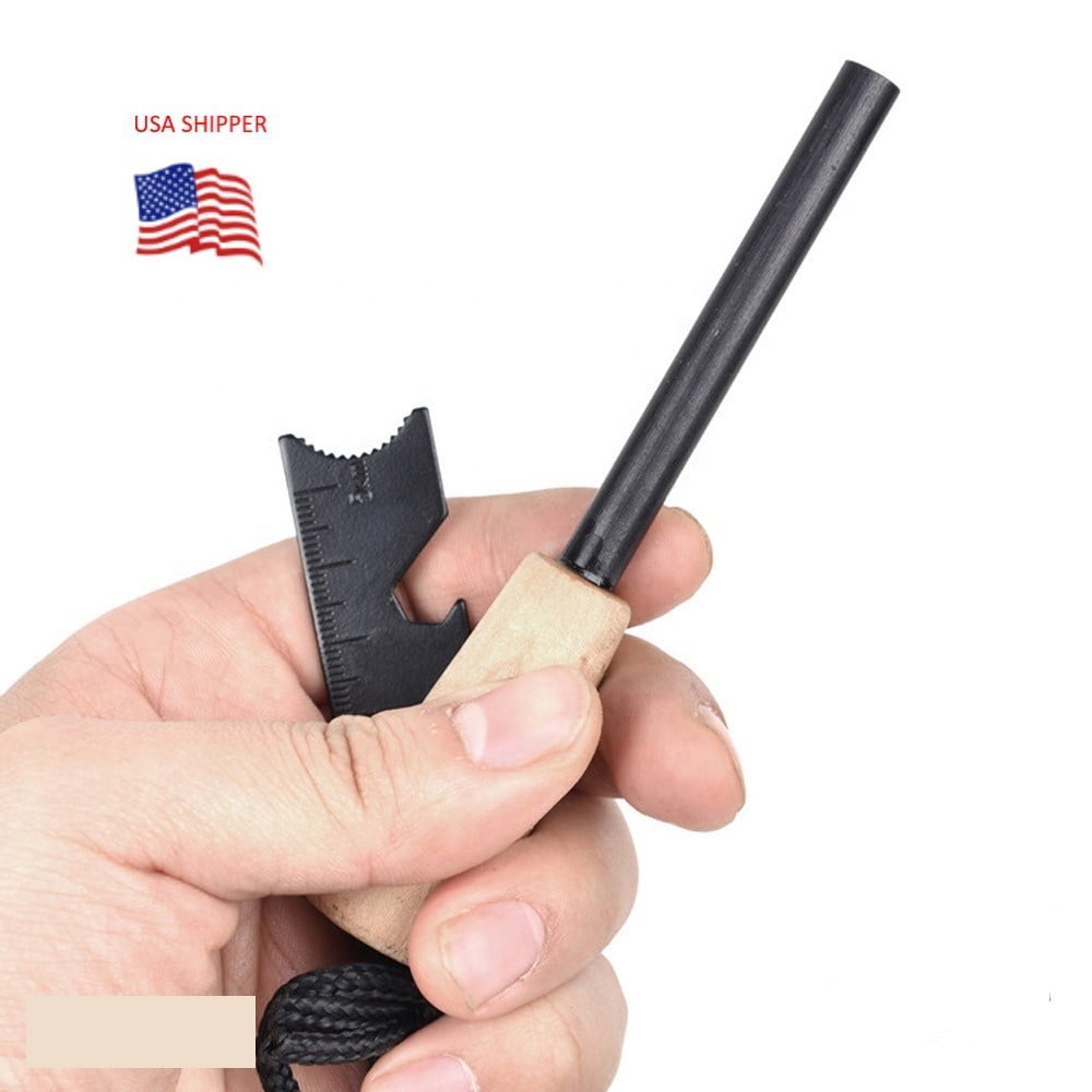 Survival Fire Starter & Steel Striker with Wood Handle Magnesium Rod ...