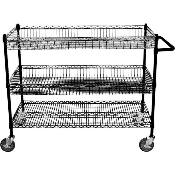 3 Tier Push Cart with 2 Basket and 1 Wire Shelf - Black - 18" Deep x 36 ...