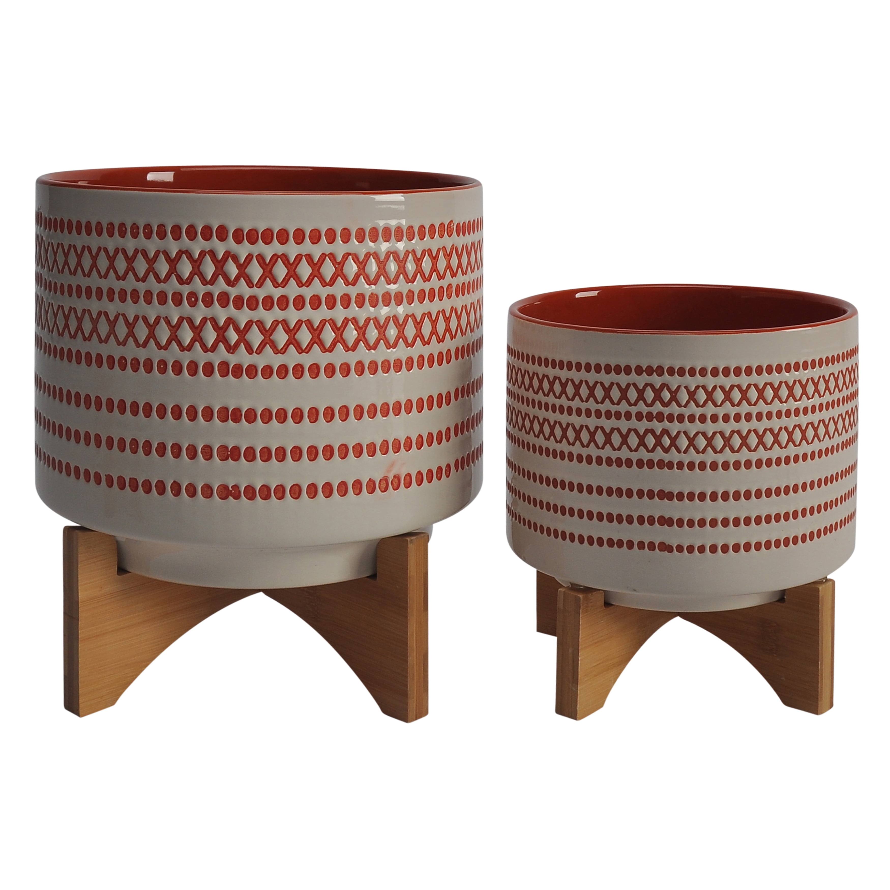 Sagebrook Home Set Of 2 8/10" Aztec Planter With Wood Stand, Orange ...