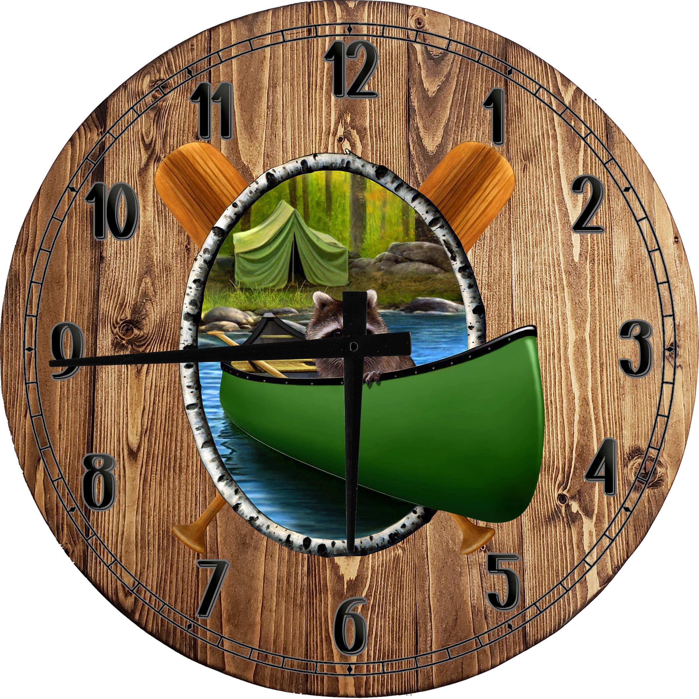 Wood Wall Clock 12 Inch Raccoon in Canoe Camping at River Lake Edge ...