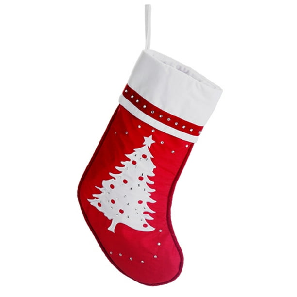 22" Red & White Embroidered Christmas Tree Stocking with Rhinestones ...