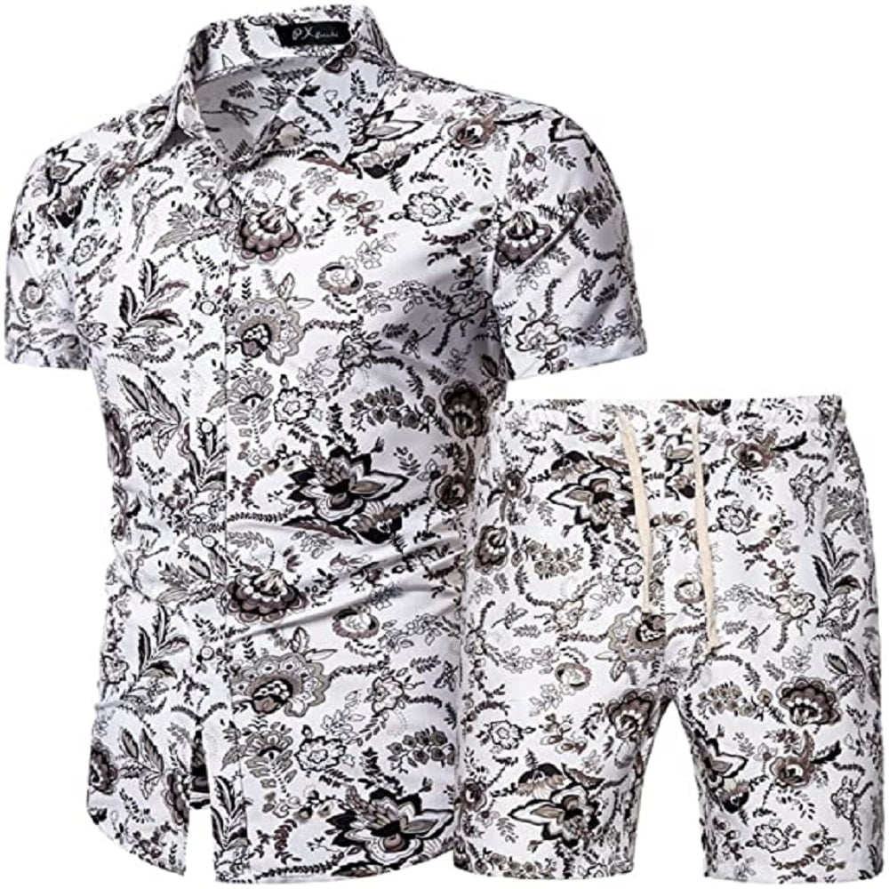 Men's 2 Piece Tracksuit Flower Casual Button Down Short Sleeve Hawaiian ...