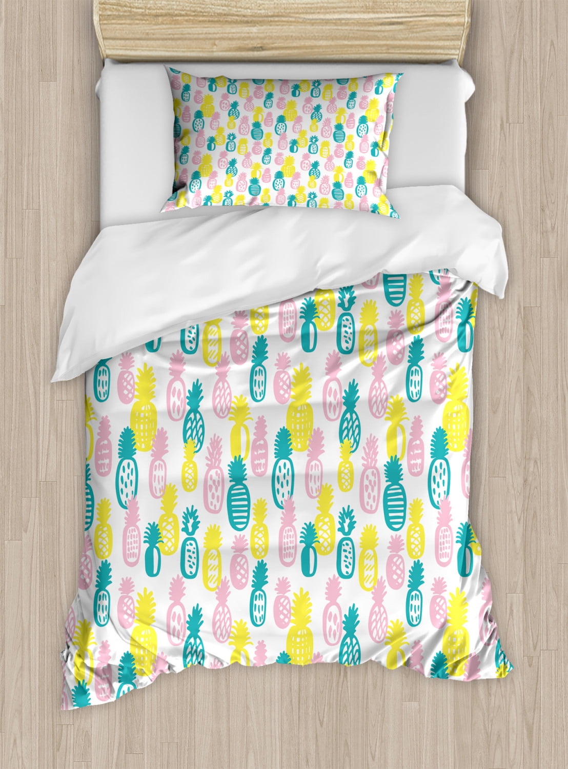 Pineapple Twin Size Duvet Cover Set, Colorful Doodle Food Design with ...