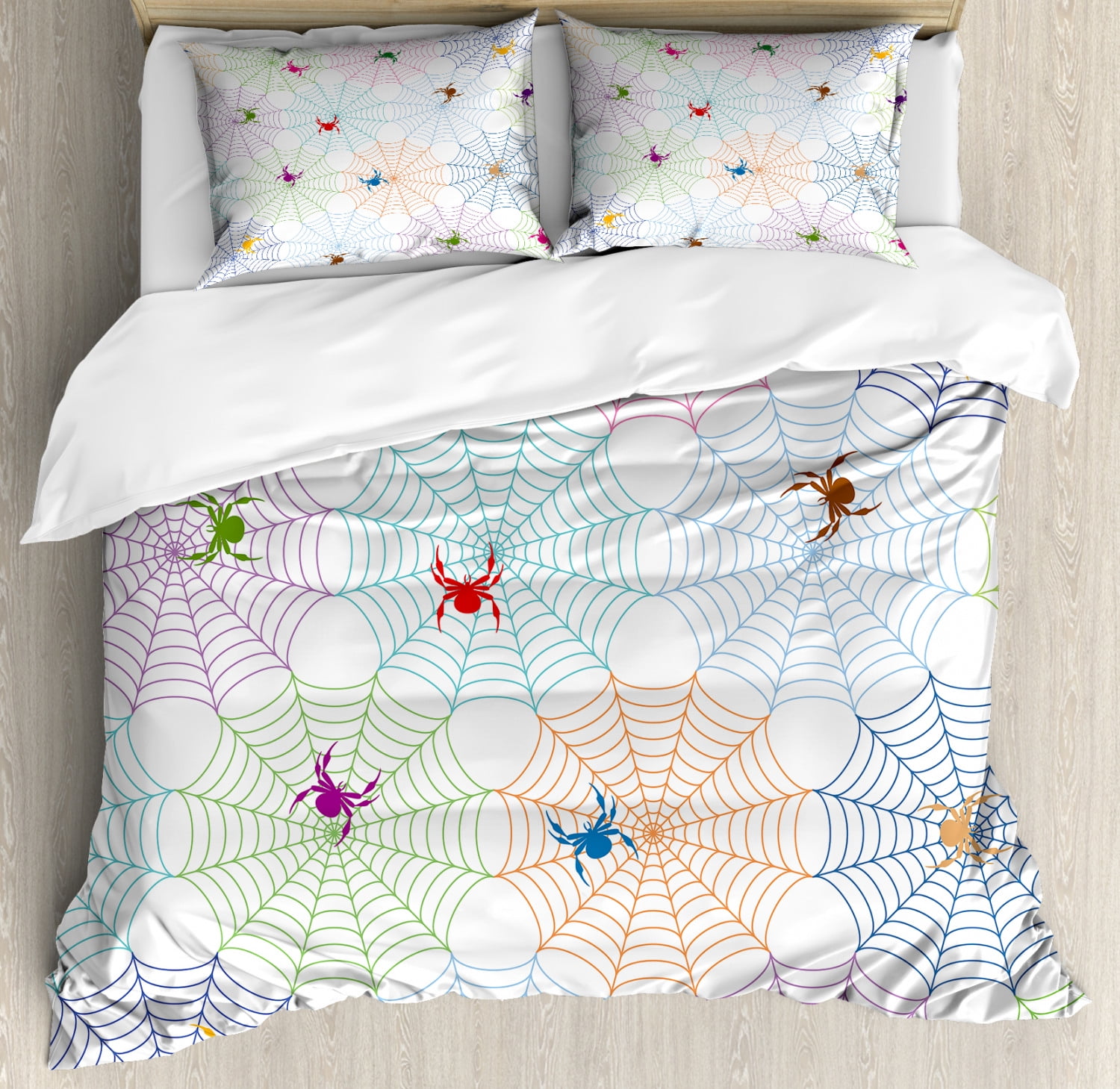 Spider Web Duvet Cover Set King Size, Colorful Networks and Characters ...