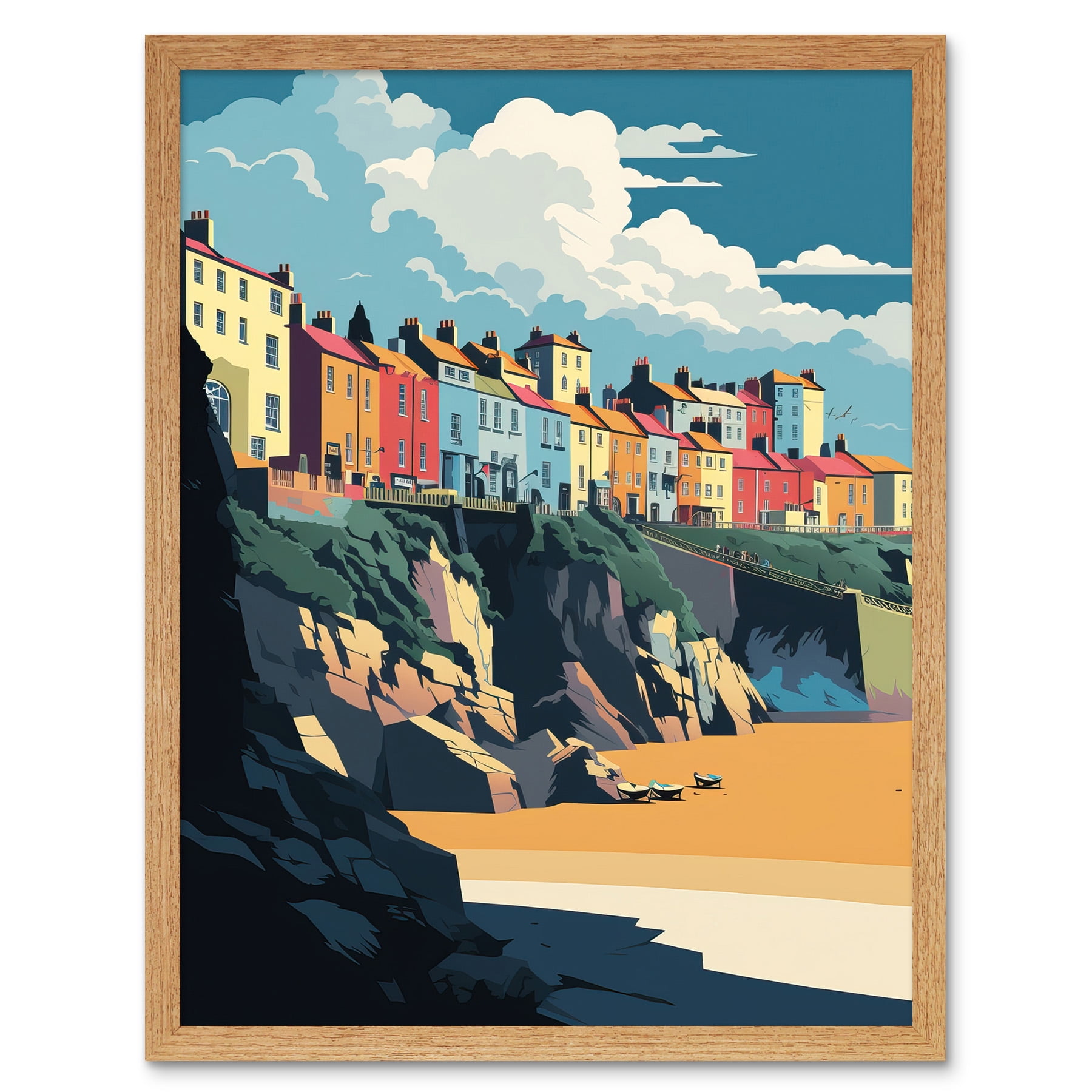 Tenby Harbour Beach Coastal Town Illustration Art Print Framed Poster ...