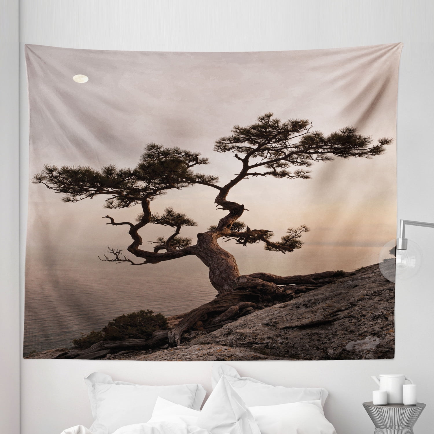 Tree Tapestry, Lonely Juniper Tree on Seaside Cliff Full Moon at Sunset ...