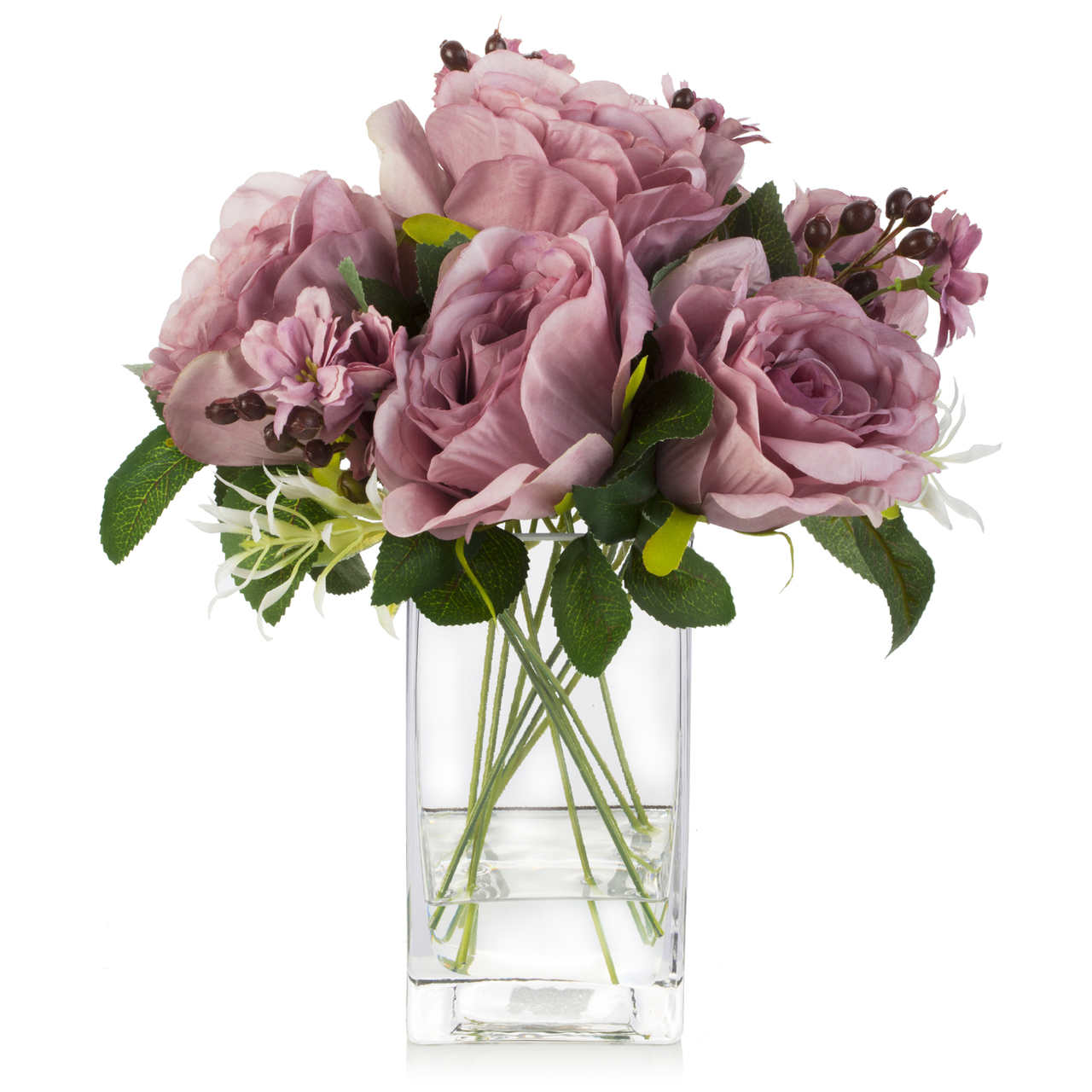 Enova Home Artificial Silk Rose Flower Fake Floral Arrangement in Clear ...