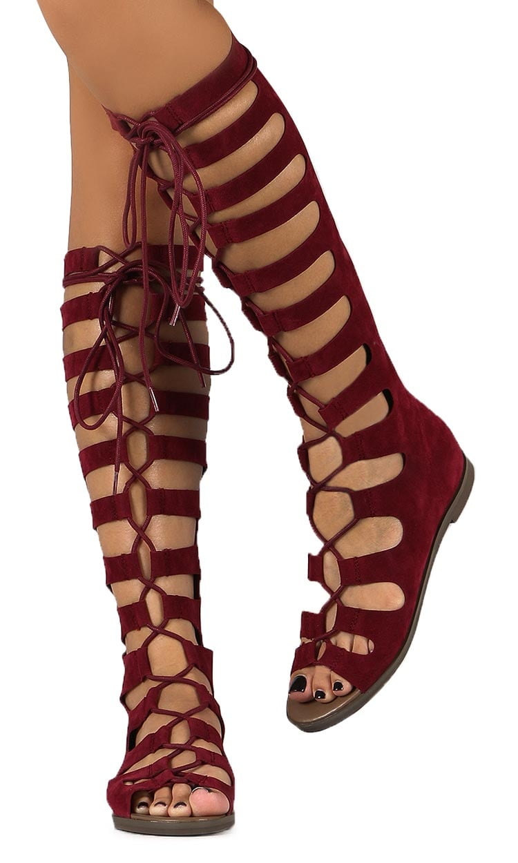Burgundy Lace Up Gladiator Sandals
