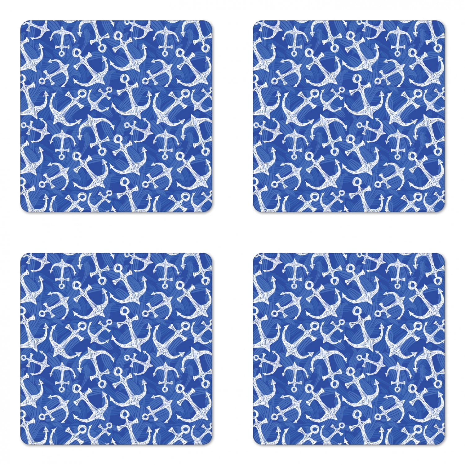 Anchor Coaster Set of 4, Sea Anchor with Weird Modern Lines Marine Life ...