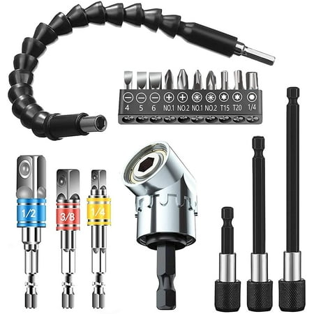 TOOAD 9 Piece Flexible Drill Bit Extension Set, 105° Hex Shank Right Angle Drill Attachment, 3 ...