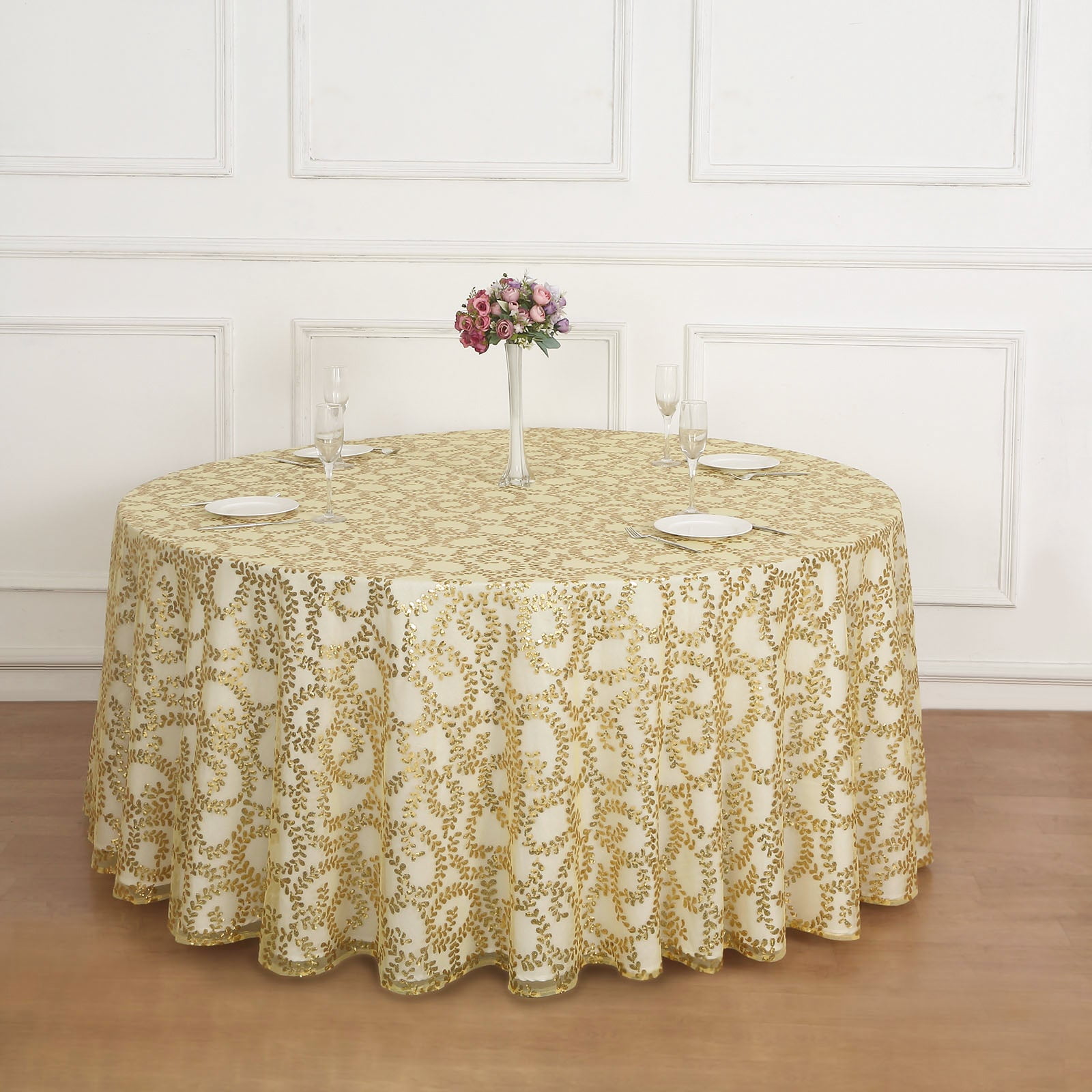 Efavormart 120" Gold Sequin Leaf Embroidered Seamless Tulle Round ...