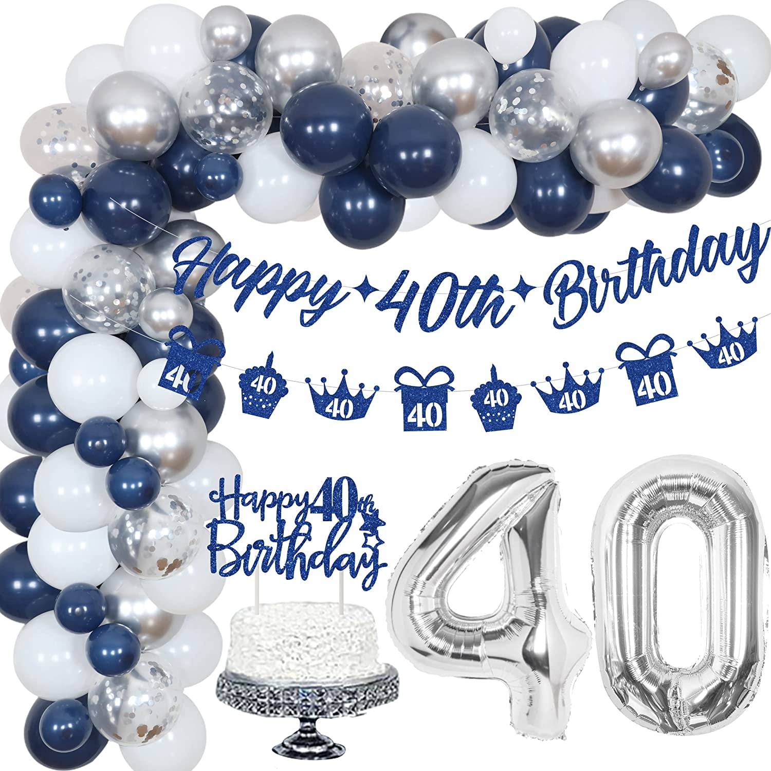 40th Birthday Decorations for Men and Women Navy Blue Silver, 40 Year ...