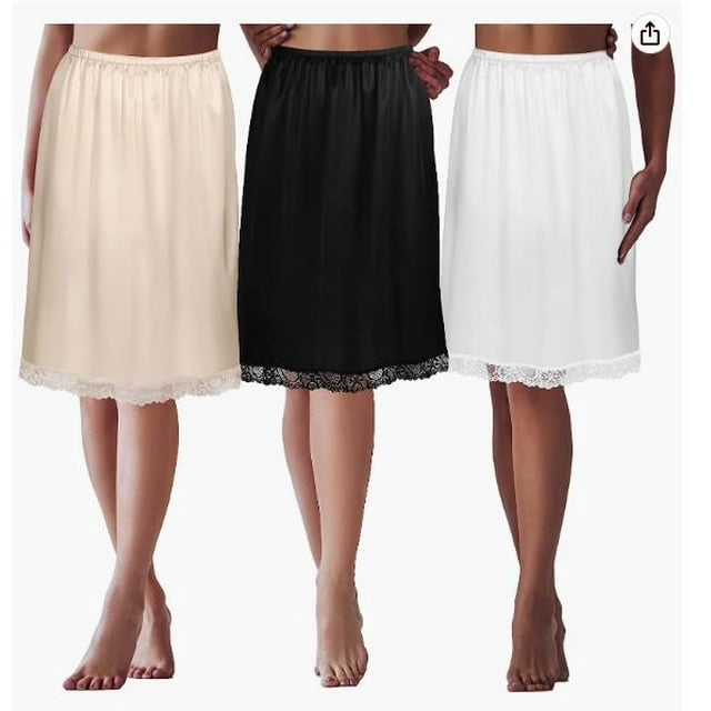 Xsylife Women Satin Half Slips Adjustable Waist LaceTrim Solid Skirt ...