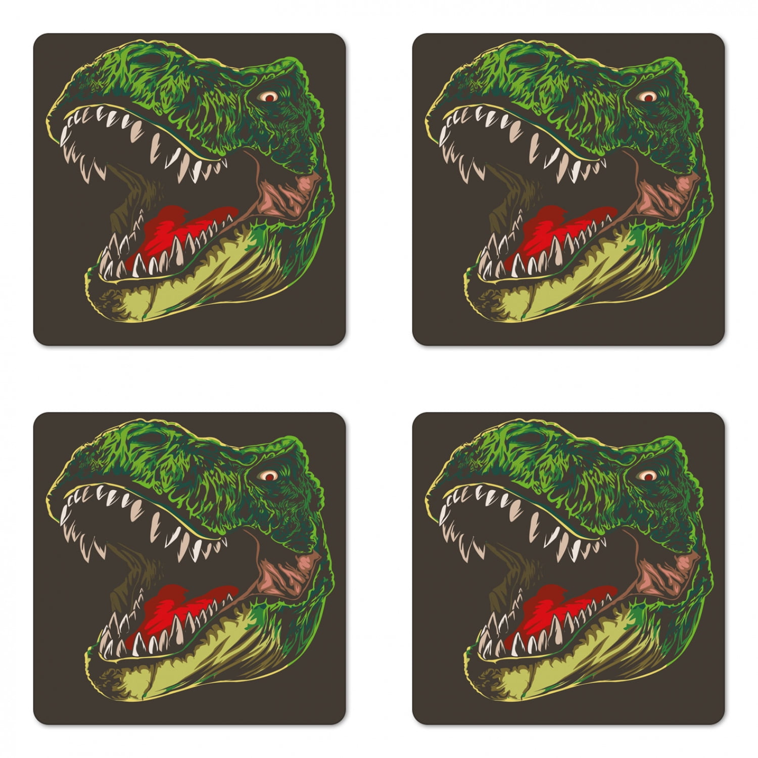 Dinosaur Coaster Set of 4, Aggressive Wild T-Rex Head Colorful Hand ...
