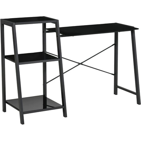 Computer Desk with Storage, Study Table with 3-Tier Shelves, Tempered ...