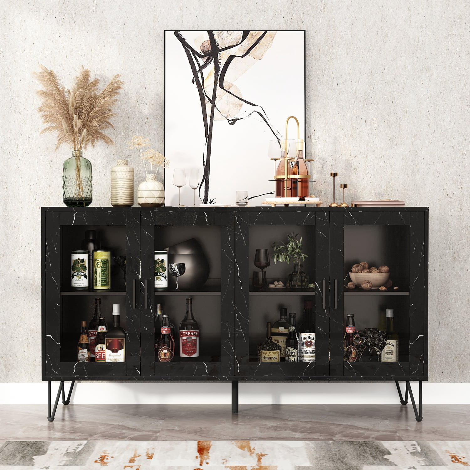Hitow Sideboard Buffet Cabinet Coffee Bar with LED Decor and Glass ...