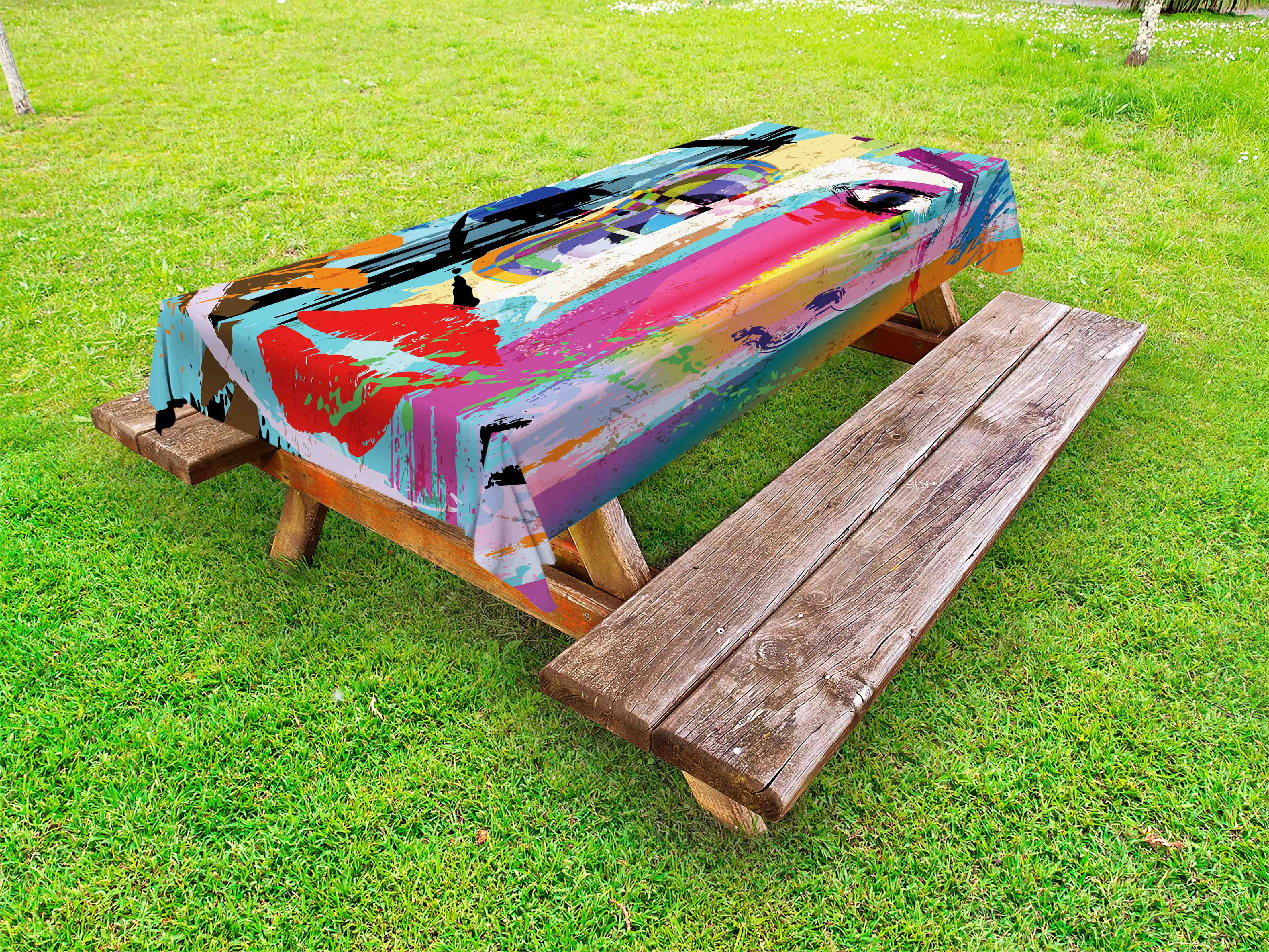 Art Outdoor Tablecloth, Contemporary Paint Strokes Splashes Face Mask ...