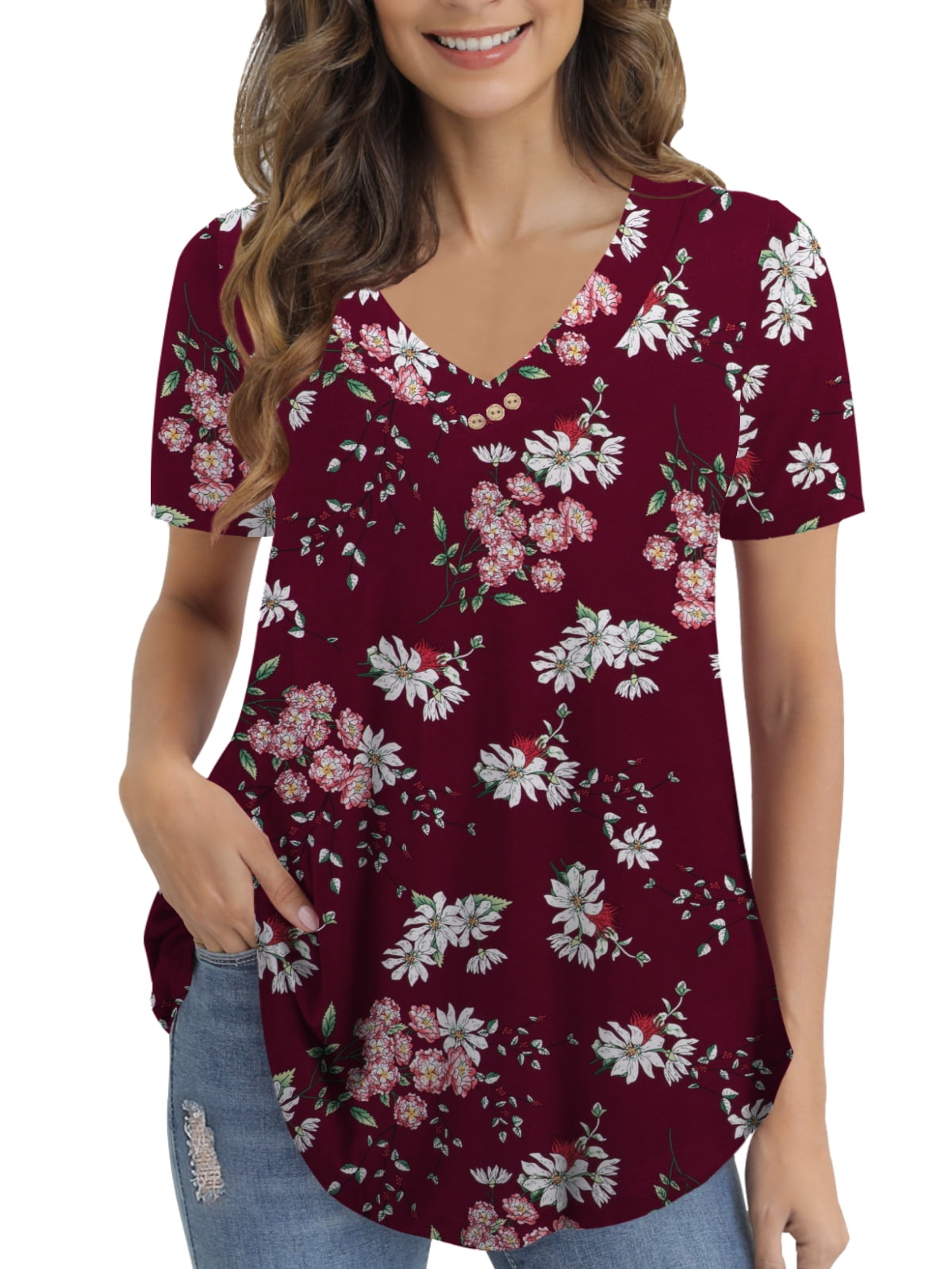 Folunsi Womens Plus Size Tops V Neck Short Sleeve Shirt Floral Blouses