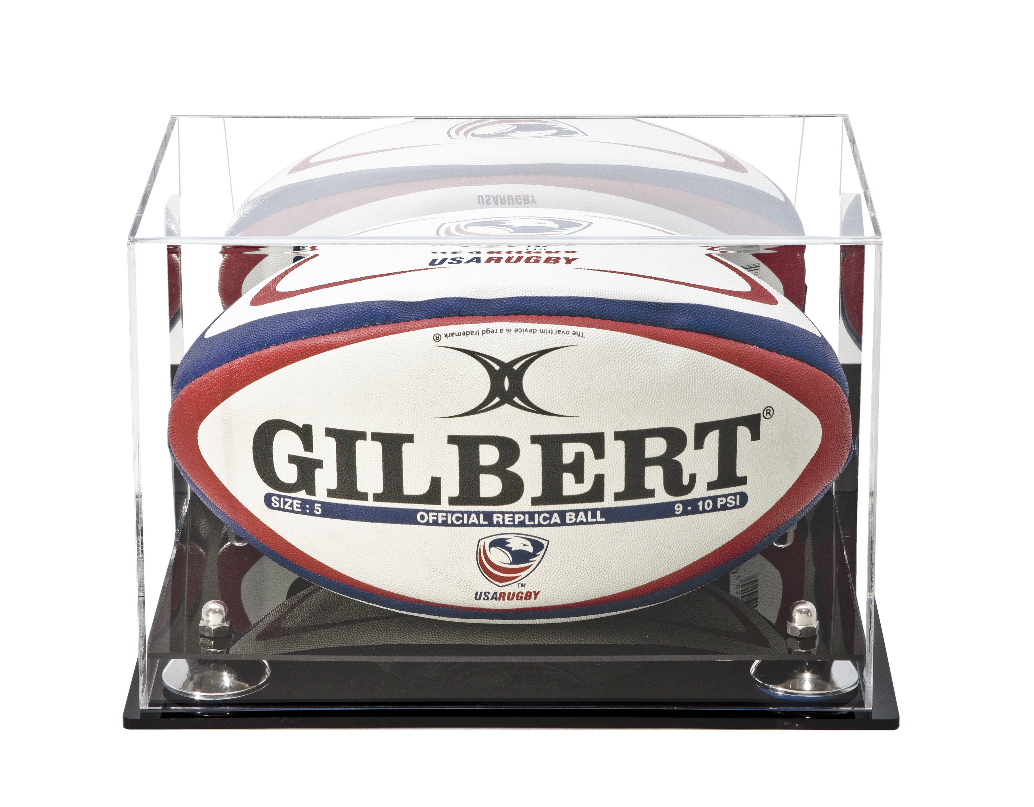 Deluxe Acrylic Rugby Ball Display Case with Silver Risers Mirror and ...