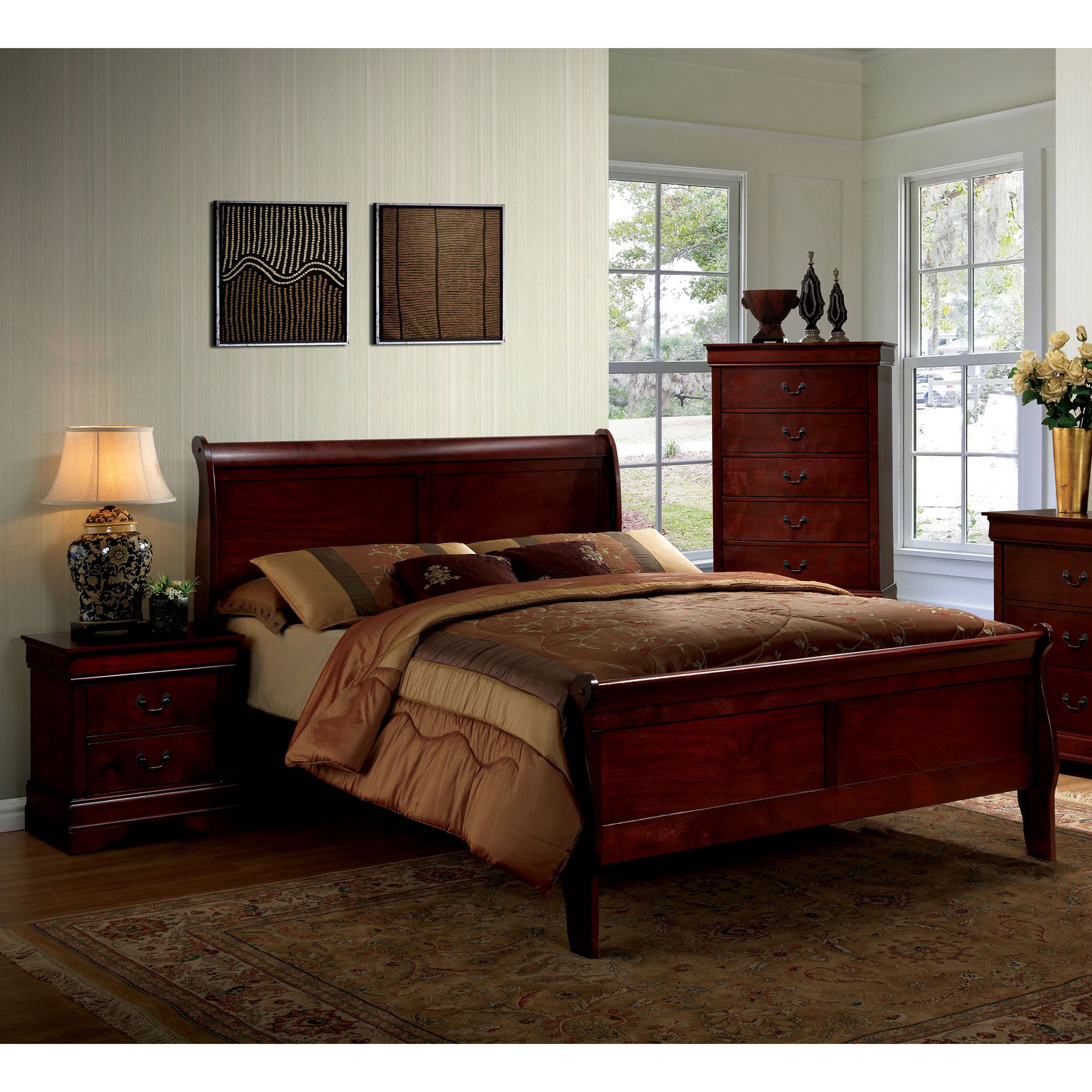 Furniture of America Claudet Wood Panel Bed, Eastern King, Cherry ...