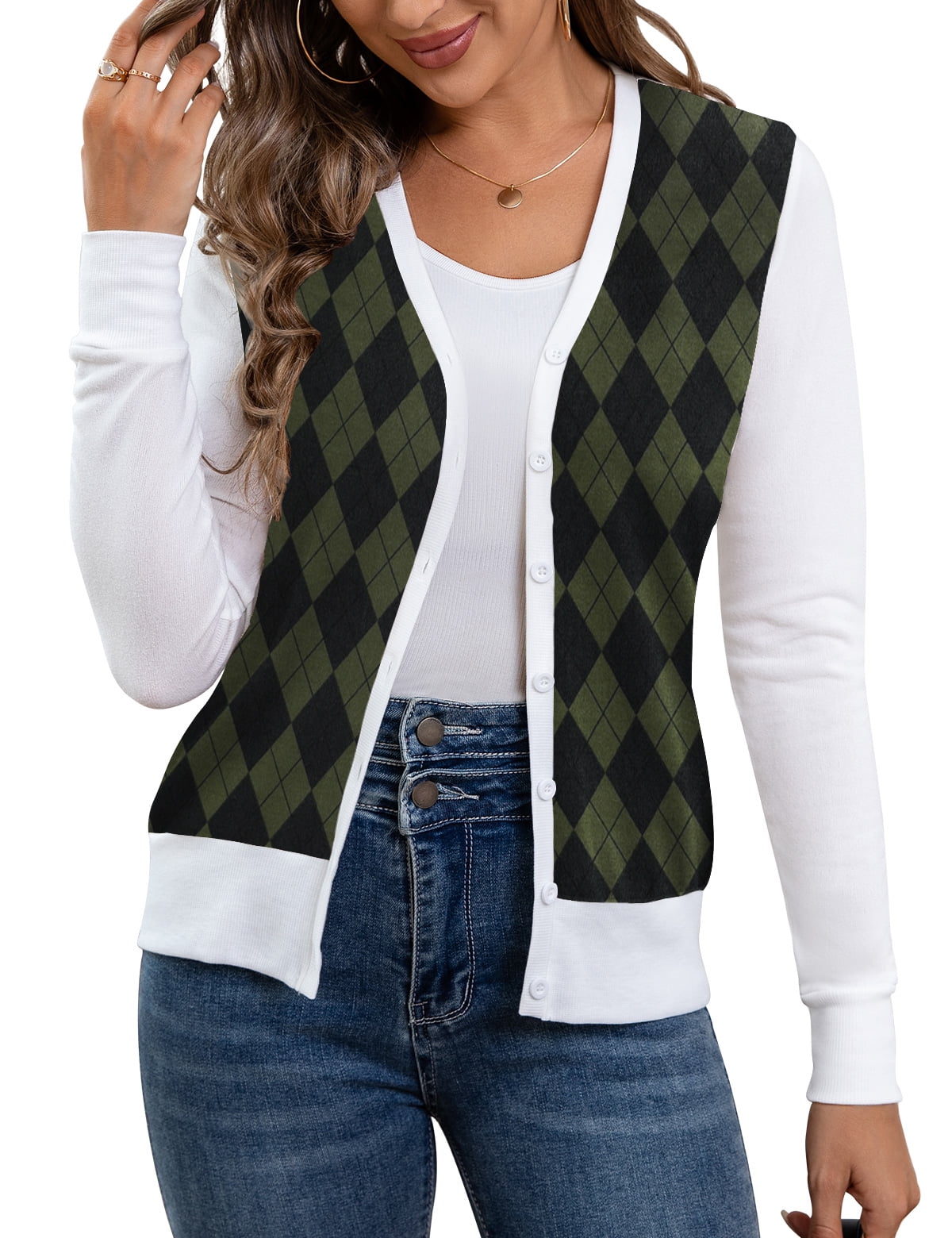 McVanedy Women's Long Sleeve Button Down V Neck Argyle Knit Cardigan ...