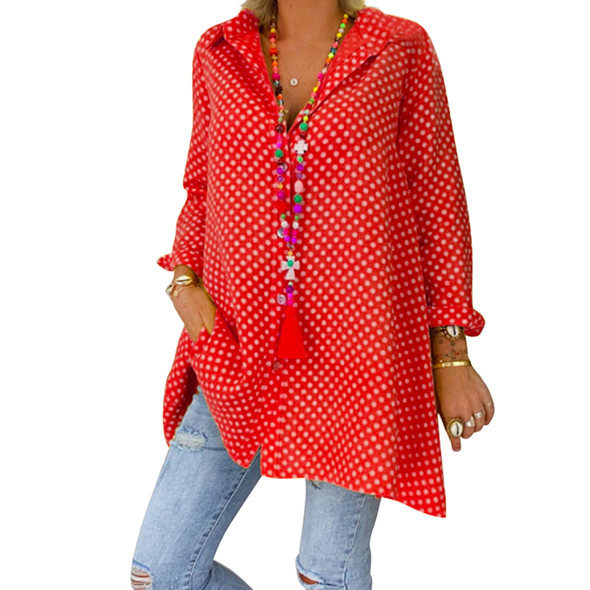 Click here for Himone Plus Size Polka Dot Tops Women Roll Up Slee... prices