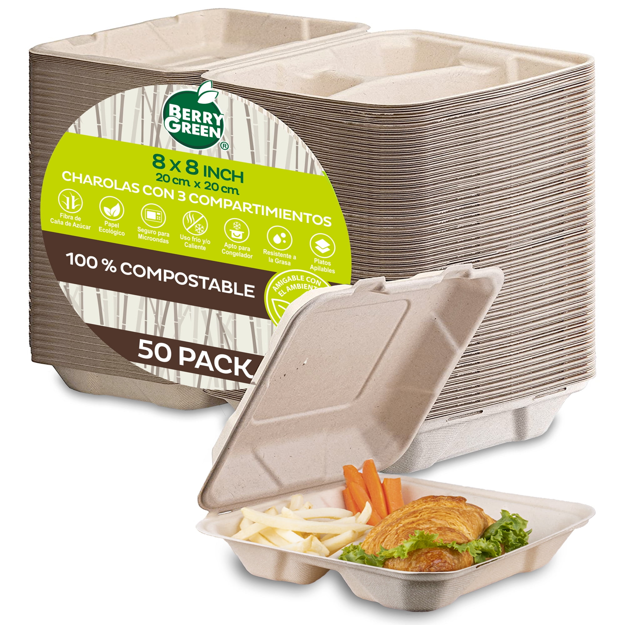 50 Contenedores con 3 Divisiones Ecológico de 20.5 cm / 8 x 8 Pulgadas ...