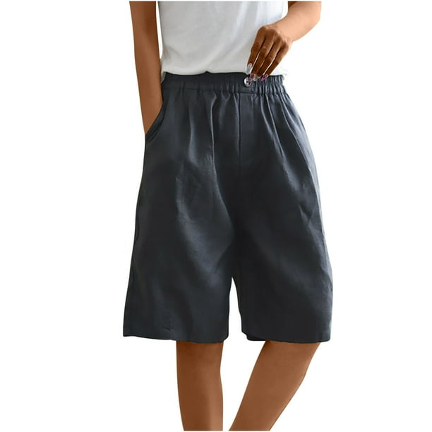 Owordtank Womens Cotton Linen Bermuda Shorts Elastic Waist Wide Leg
