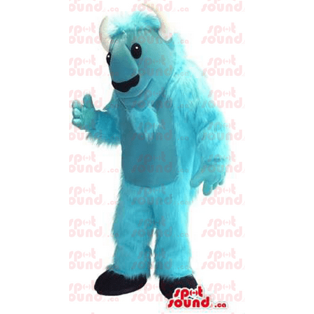 Light Blue Woolly Monster Plush SPOTSOUND Mascot With White Horns ...