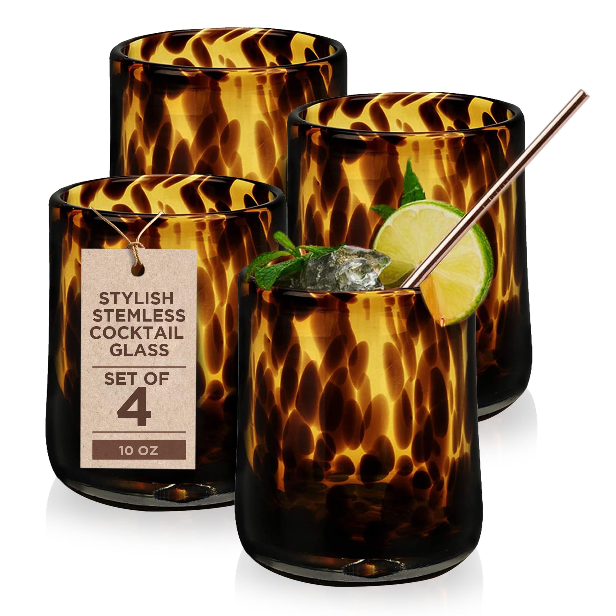 IMPULSE! Tortoise Leopard Print Brown 10 oz. Rocks Glasses, Set of 4 ...