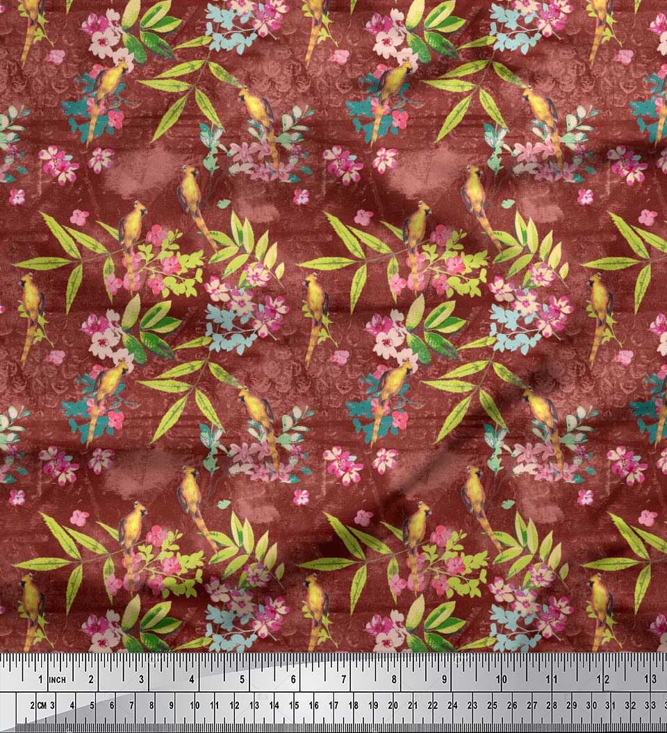 Soimoi Satin Silk Fabric Leaves,Floral & Yellow Cardinal Bird Print ...