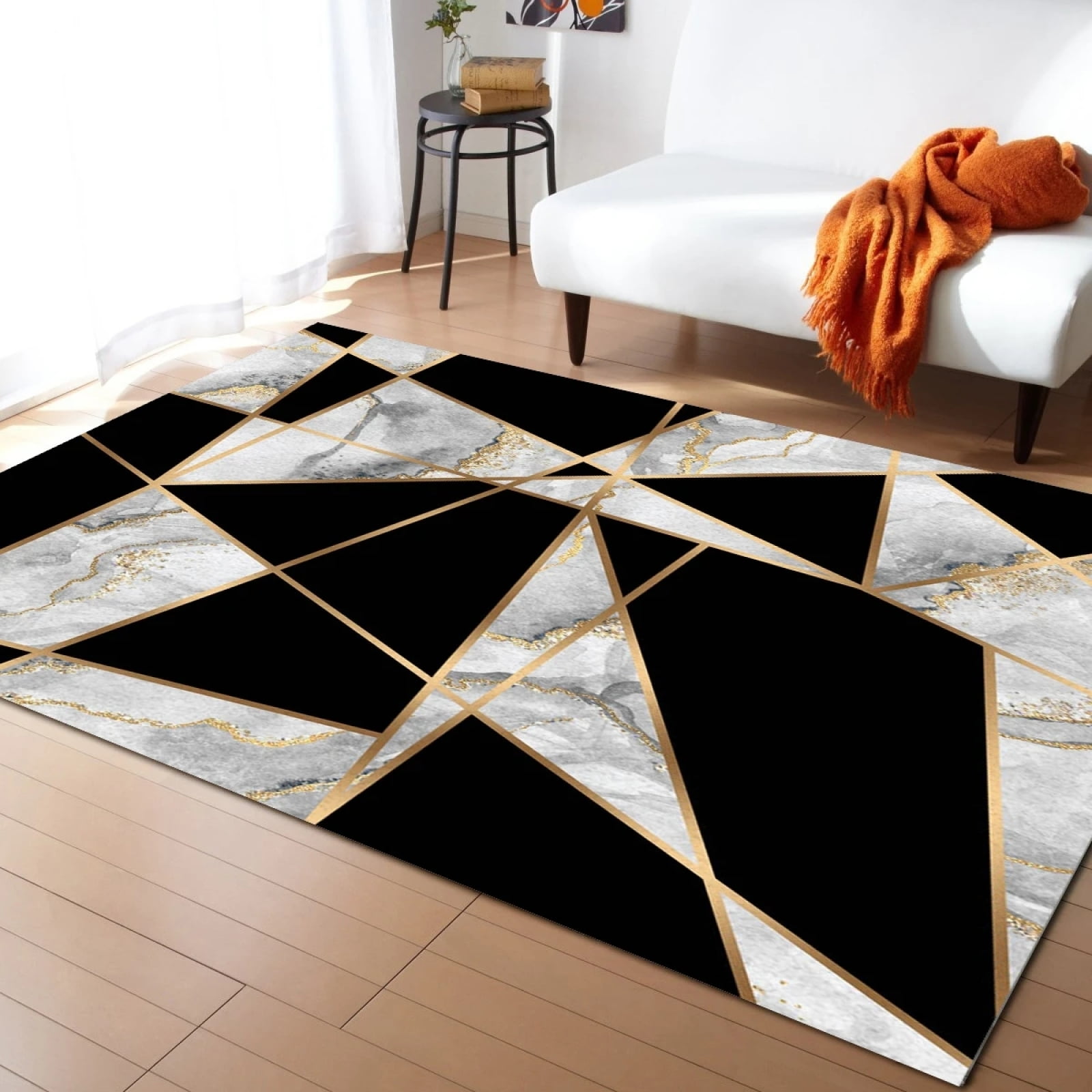 Abstract Golden Lines Area Rugs, Luxury Black And White Marble Texture ...