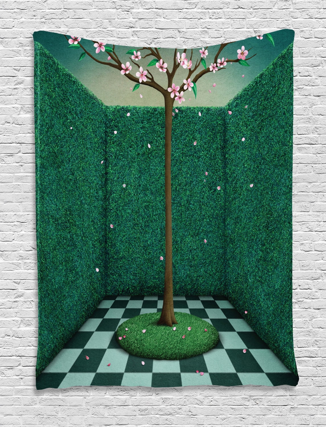 Mural Tapestry, Japanese Pink Cherry Blossom Tree Surrounded by Outdoor ...