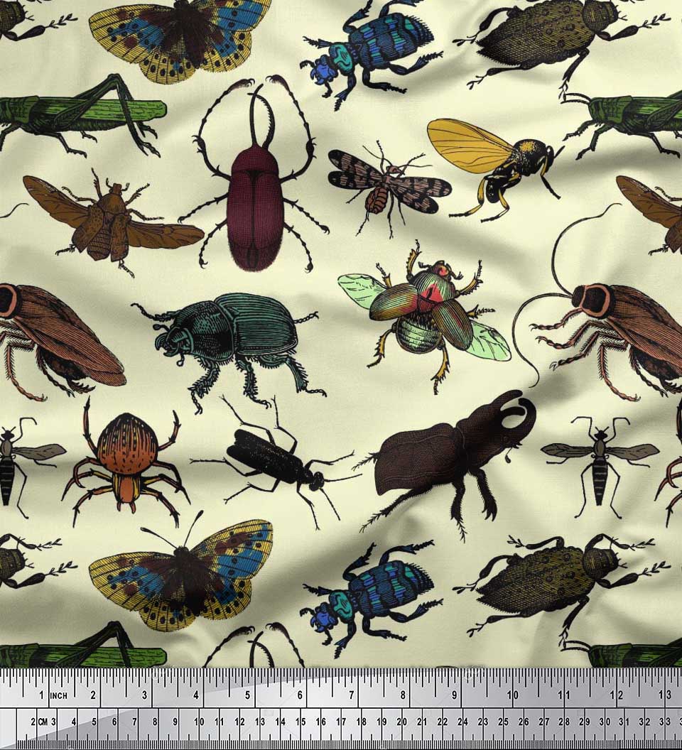 Soimoi Yellow Satin Silk Fabric Beetle & Honey Bee Insects Print Fabric ...