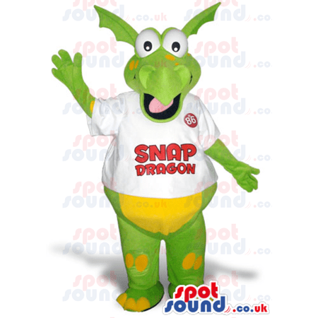 Green And Yellow Dragon Plush SPOTSOUND Mascot In A White T-Shirt With ...