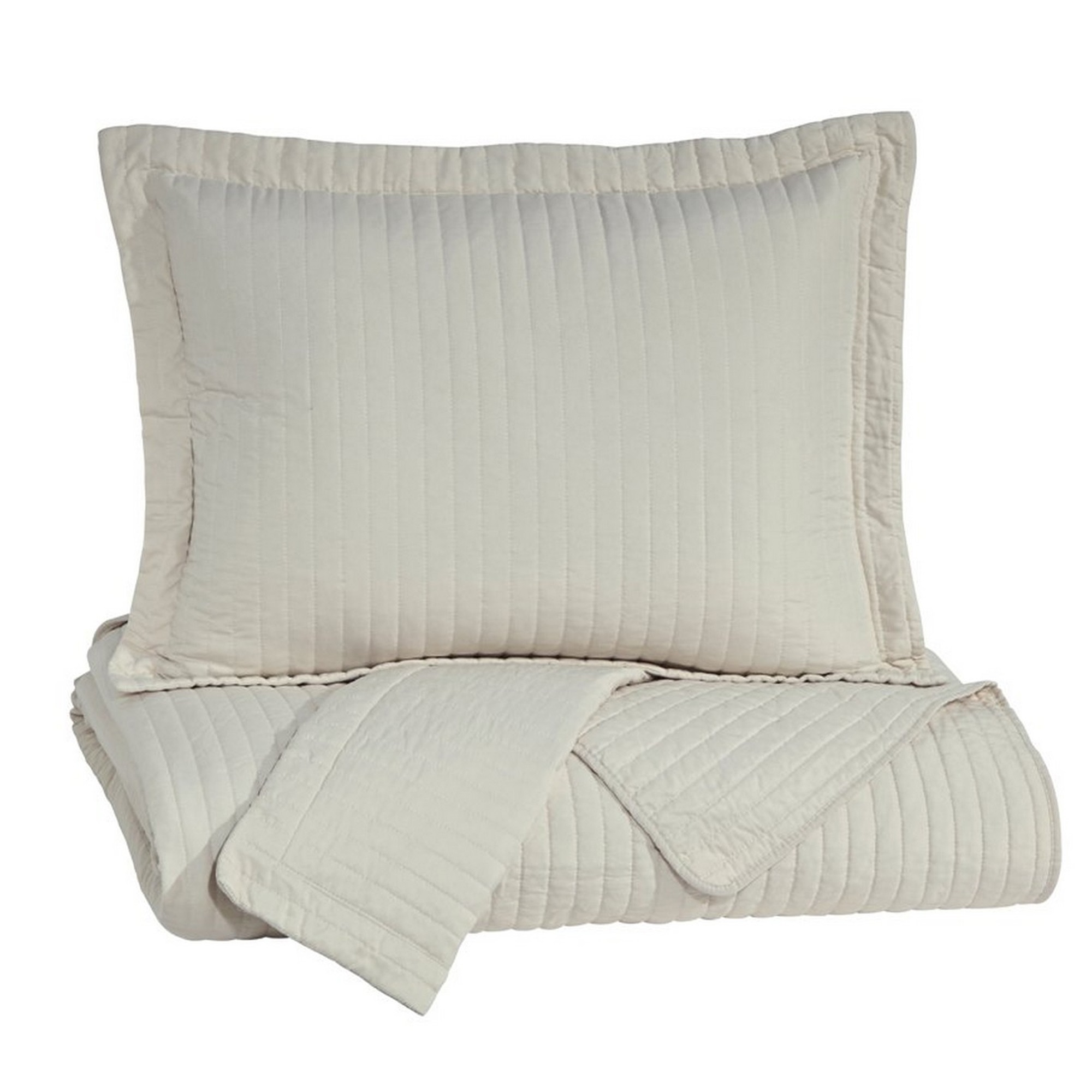 3 Piece Fabric King Coverlet Set with Stitched Ribbing Texture, Cream ...