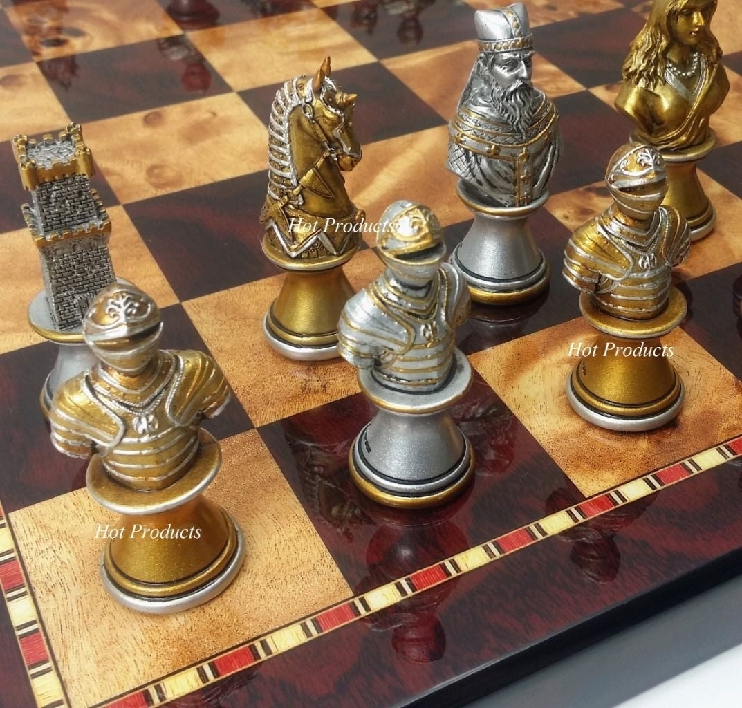 Medieval Times Knights Busts Gold Silver Chess Set W/ 18" Cherry Color ...