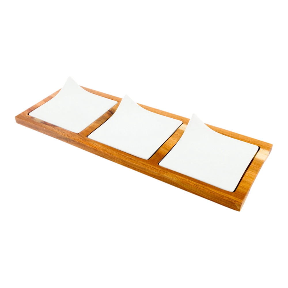 Rectangle White Porcelain Modern Flat Plate Set - 3 Plates, Bamboo Tray ...