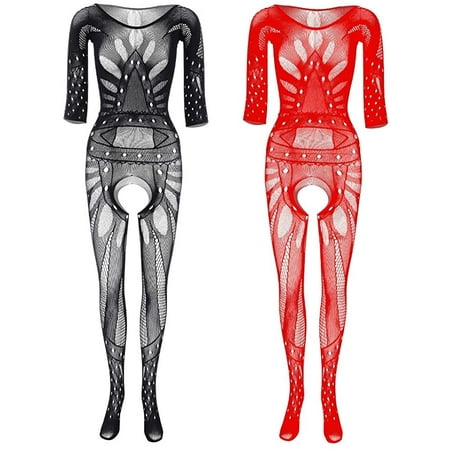 2 Pack Womens Fishnet Bodystockings Striped Lingerie Long Sleeve ...