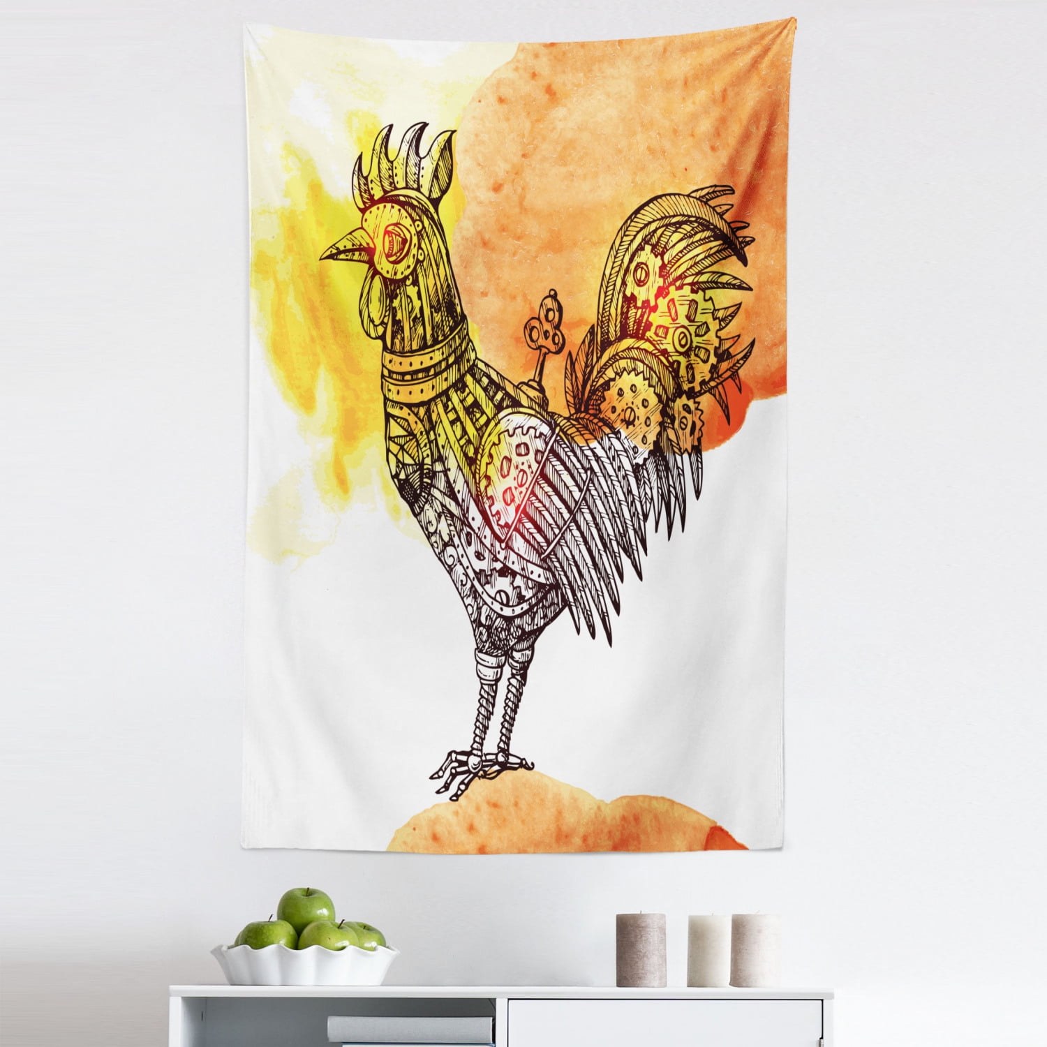 Steampunk Tapestry, Retro Illustration of Mechanical Rooster in Sketch ...