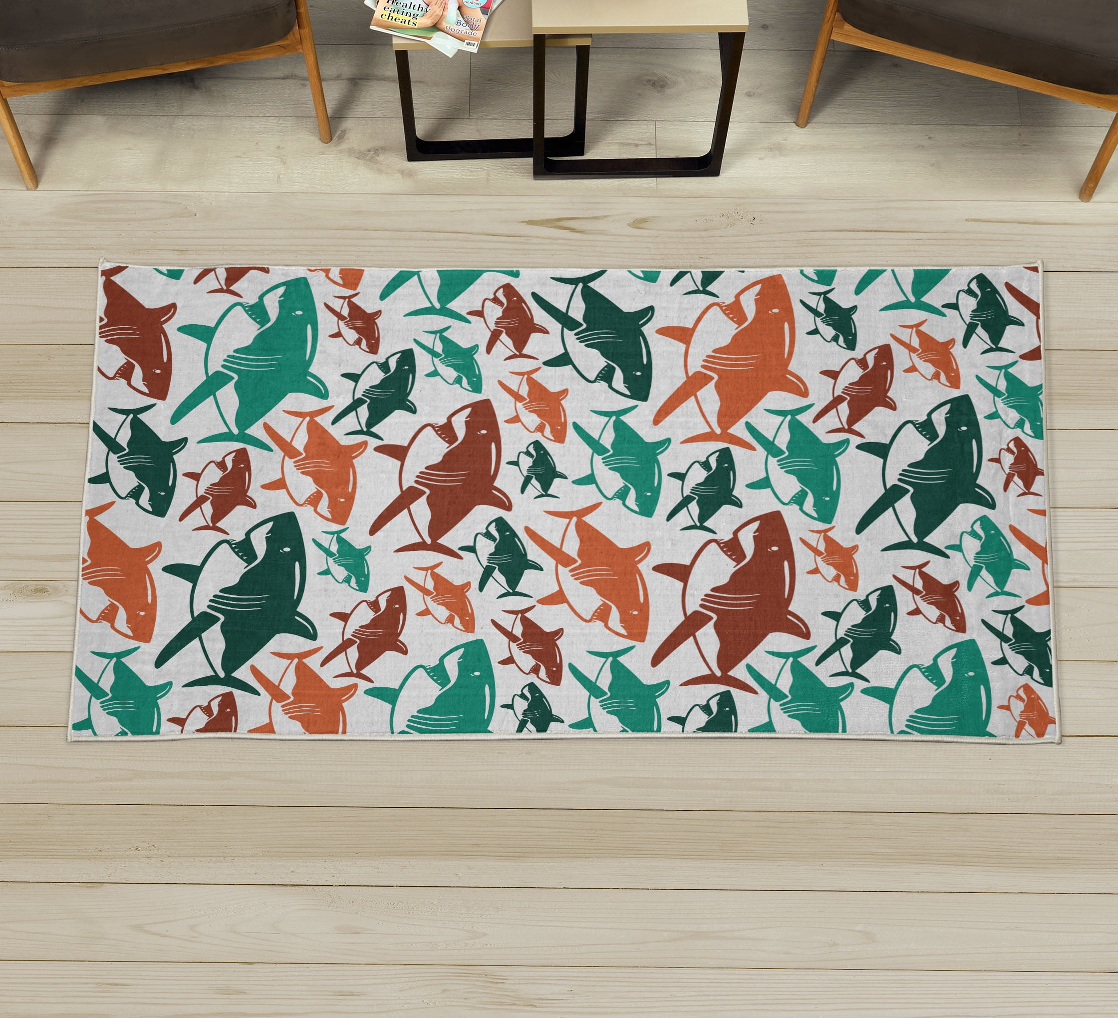 Shark Decorative Rug, Colorful Underwater Fish Pattern Masters Survival ...