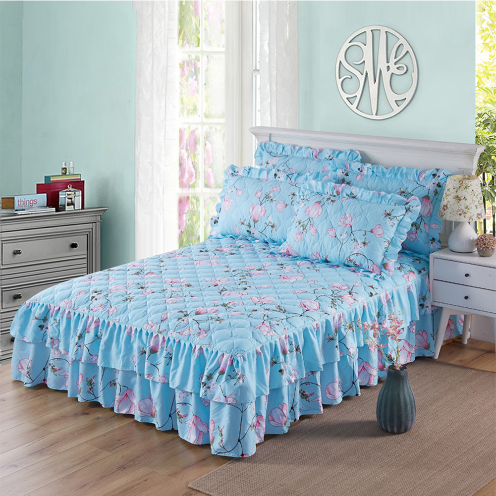 Graceful Quilted Thickened Bedspread Laced Fitted Sheet Two-Layer Bed ...