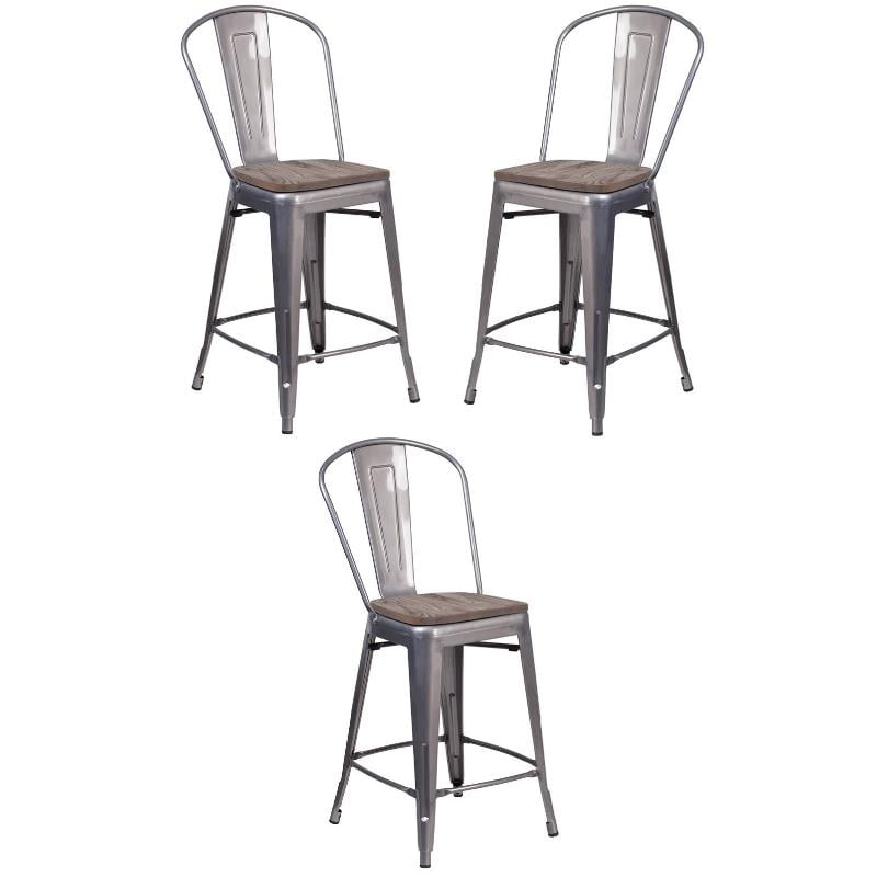 Home Square 24" Metal Counter Stool in Gray and Wood Grain - Set of 3 ...