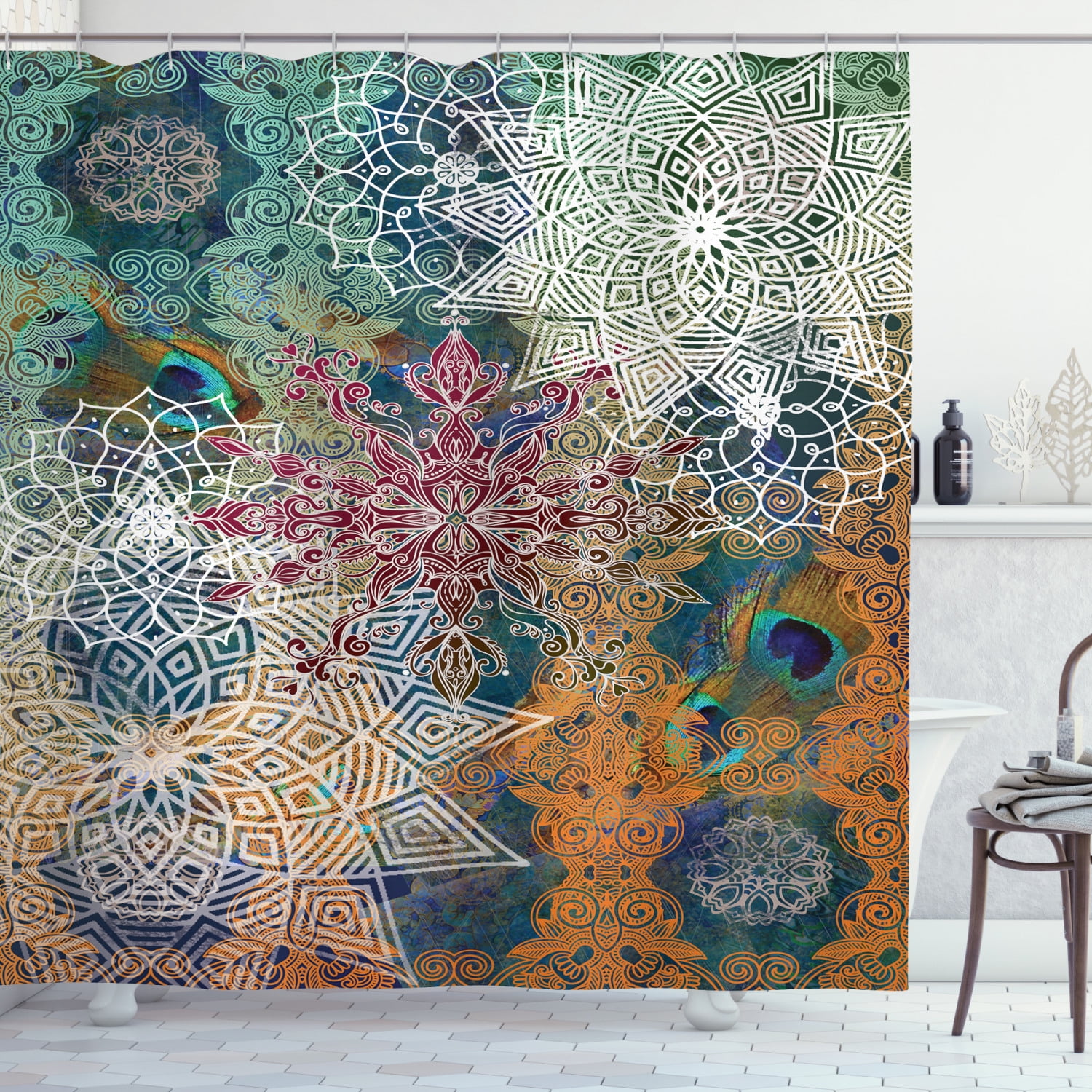 Boho Yoga Peacock Feather Indian Batik Hippie Mandala Medallion Shower
